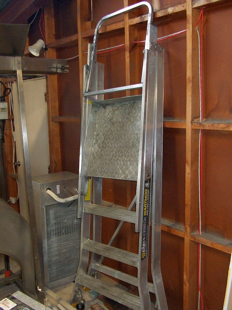 Used Ladder with Standing Platform & Guide Rails on Wheels For Sale NZ